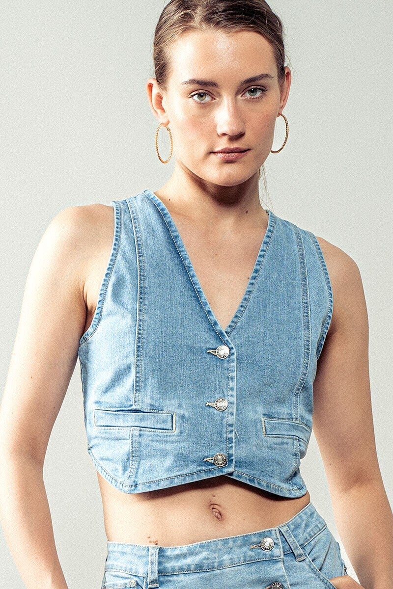 Light Blue Cropped Denim Vest with Button Closure and Pointed Hem ...