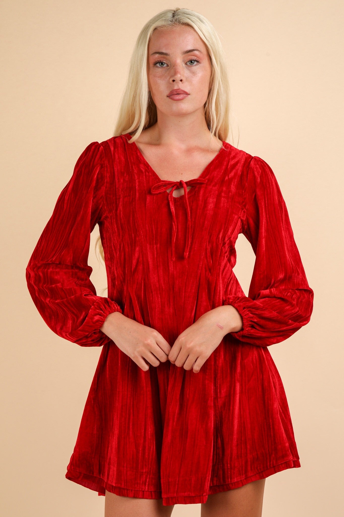 Red Front Ribbon Velvet Holiday Mini Flare Dress | Beauty Box Boutique